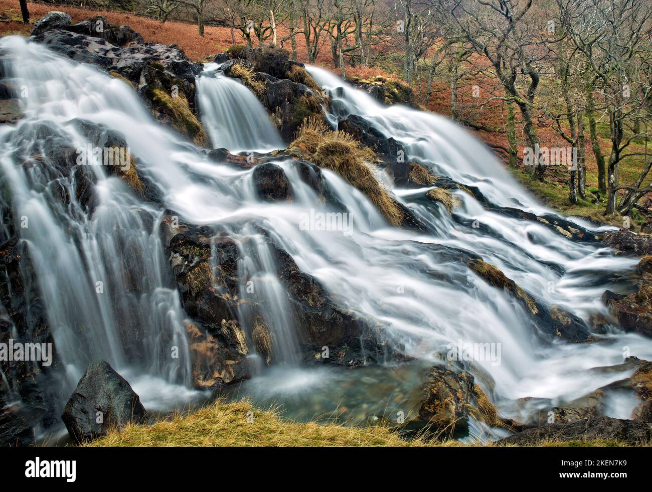 Waterfall at Cwm Llan near Watkin Path to Snowdon in Snowdonia National ...