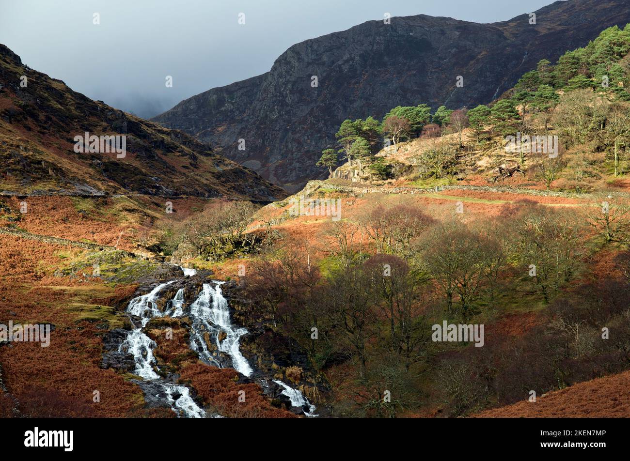 Waterfall at Cwm Llan seen from the Watkin Path to Snowdon in Snowdonia ...