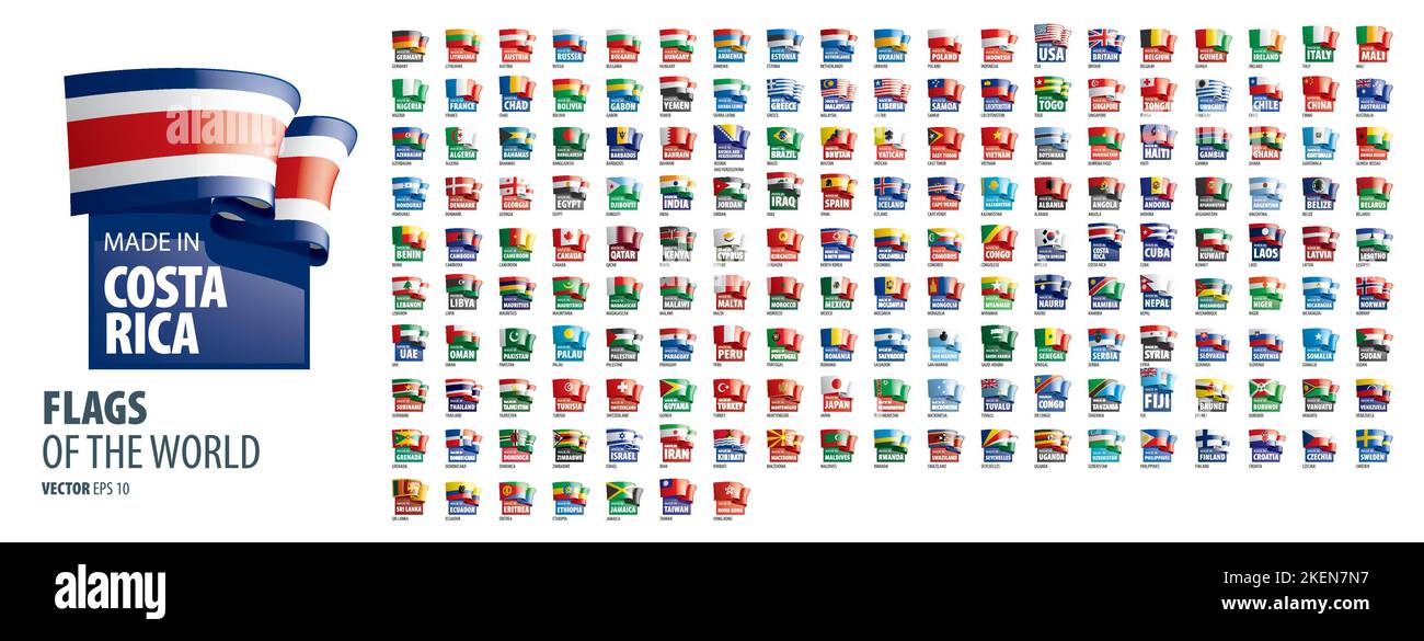 A set of vector icons with flags of countries and with the inscription ...