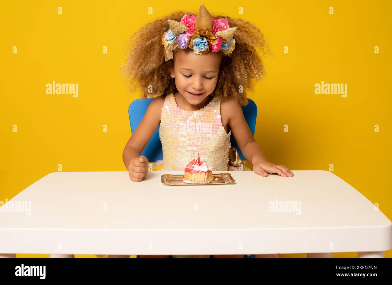 Smiling beauty child girl with birthday cake made five years age ...