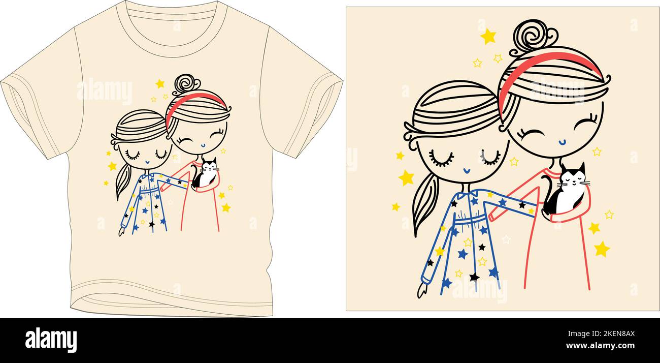 two girls with cat t shirt graphic design vector illustration digital ...