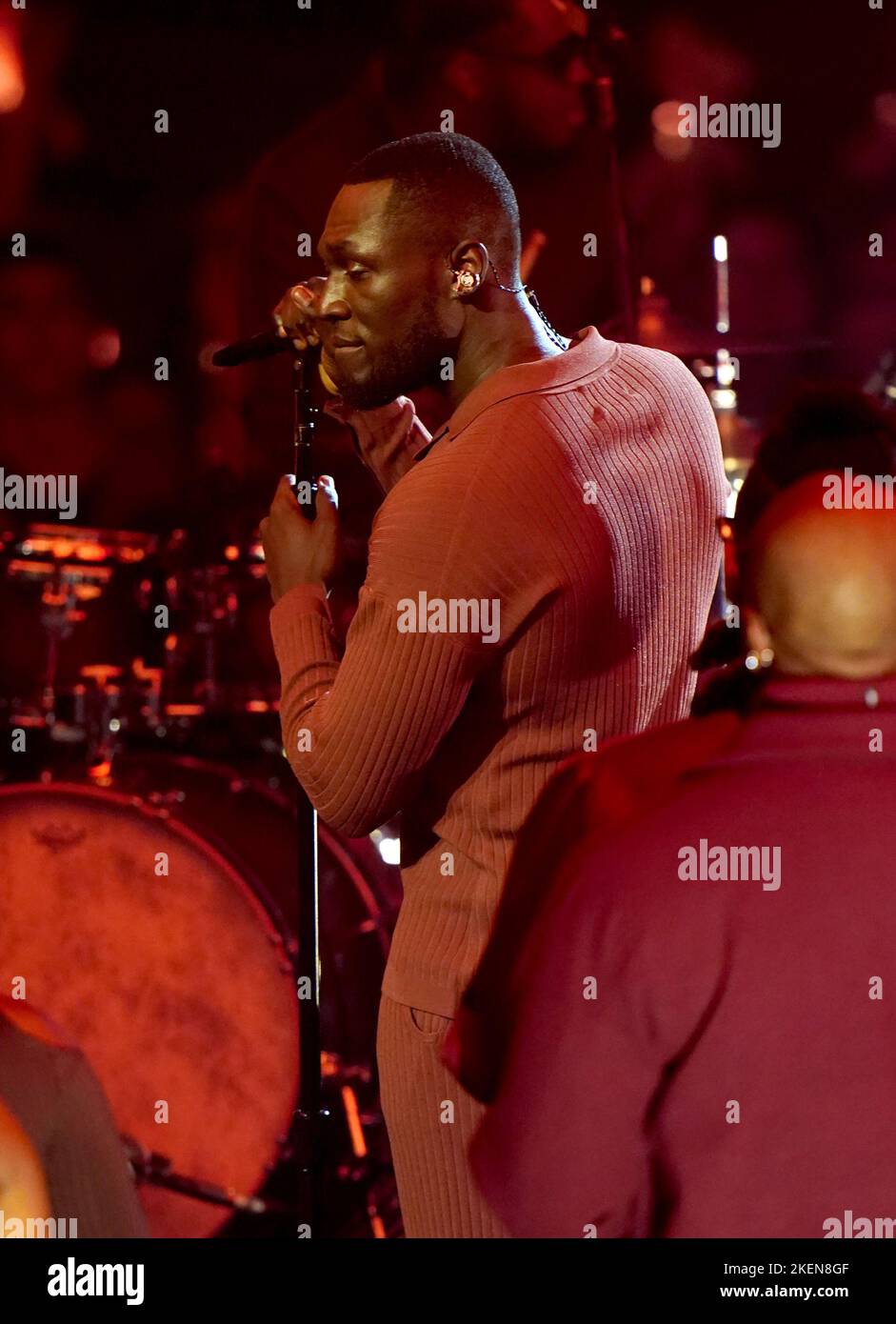 Stormzy performs on stage at the MTV Europe Music Awards 2022 held at ...