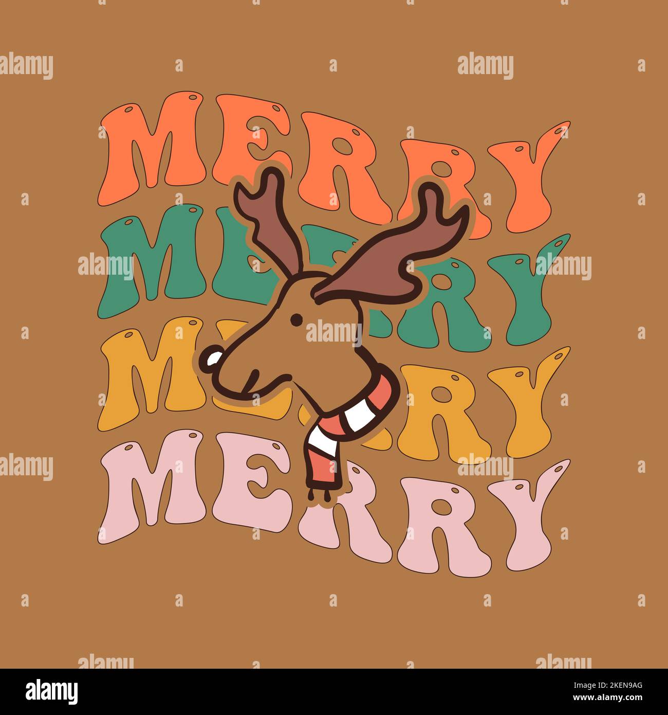 Groovy Christmas print with reindeer and quote-merry merry merry. Retro ...