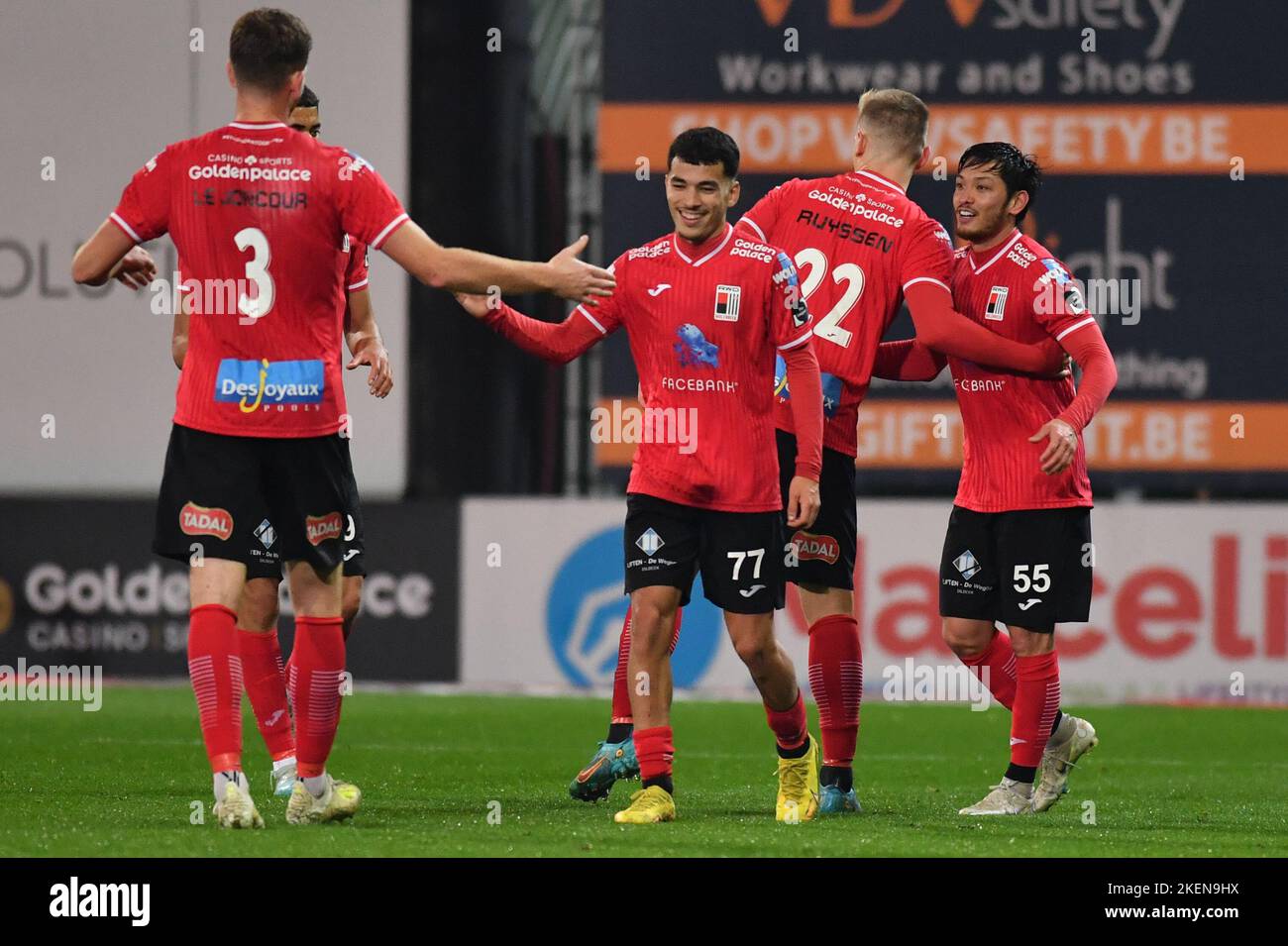 Rwdm's players celebrate after scoring during a soccer match between ...