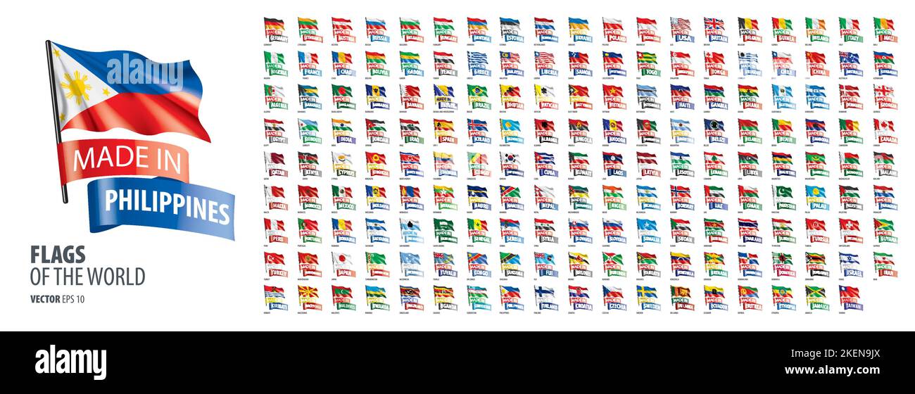 A set of vector icons with flags of countries and with the inscription ...