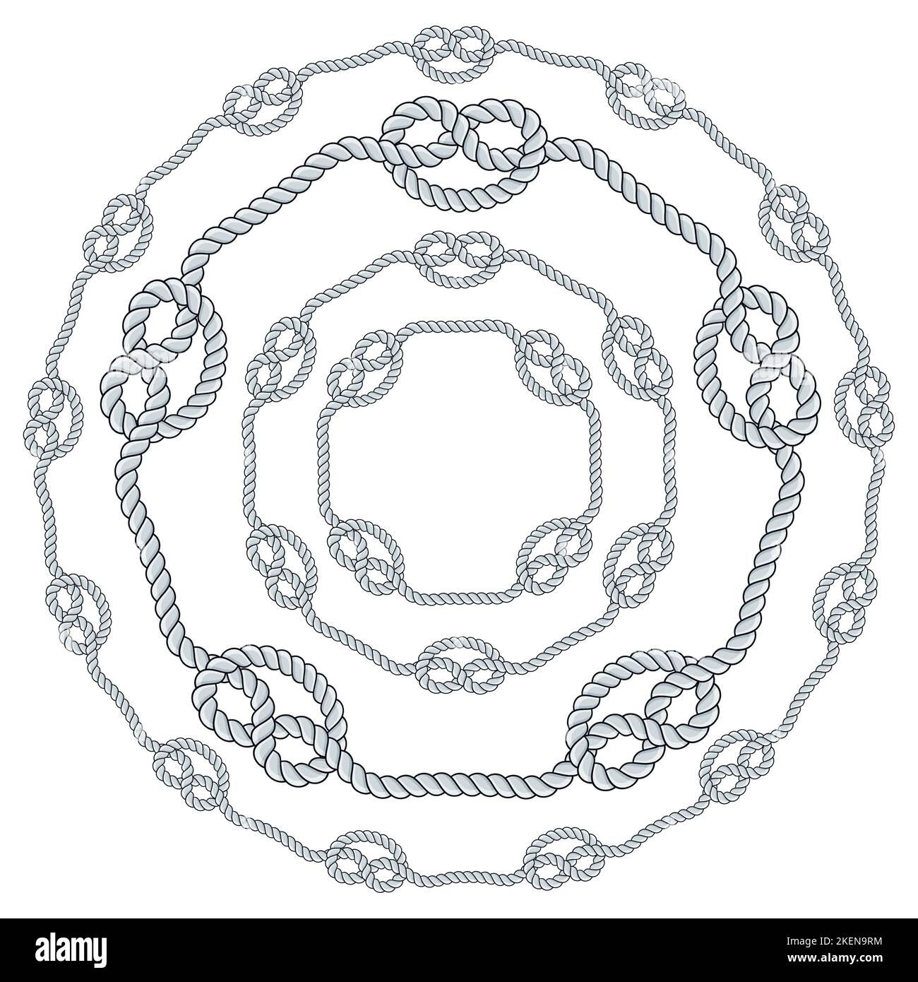 Set of round rope frames isolated on white background. Twisted cord ...