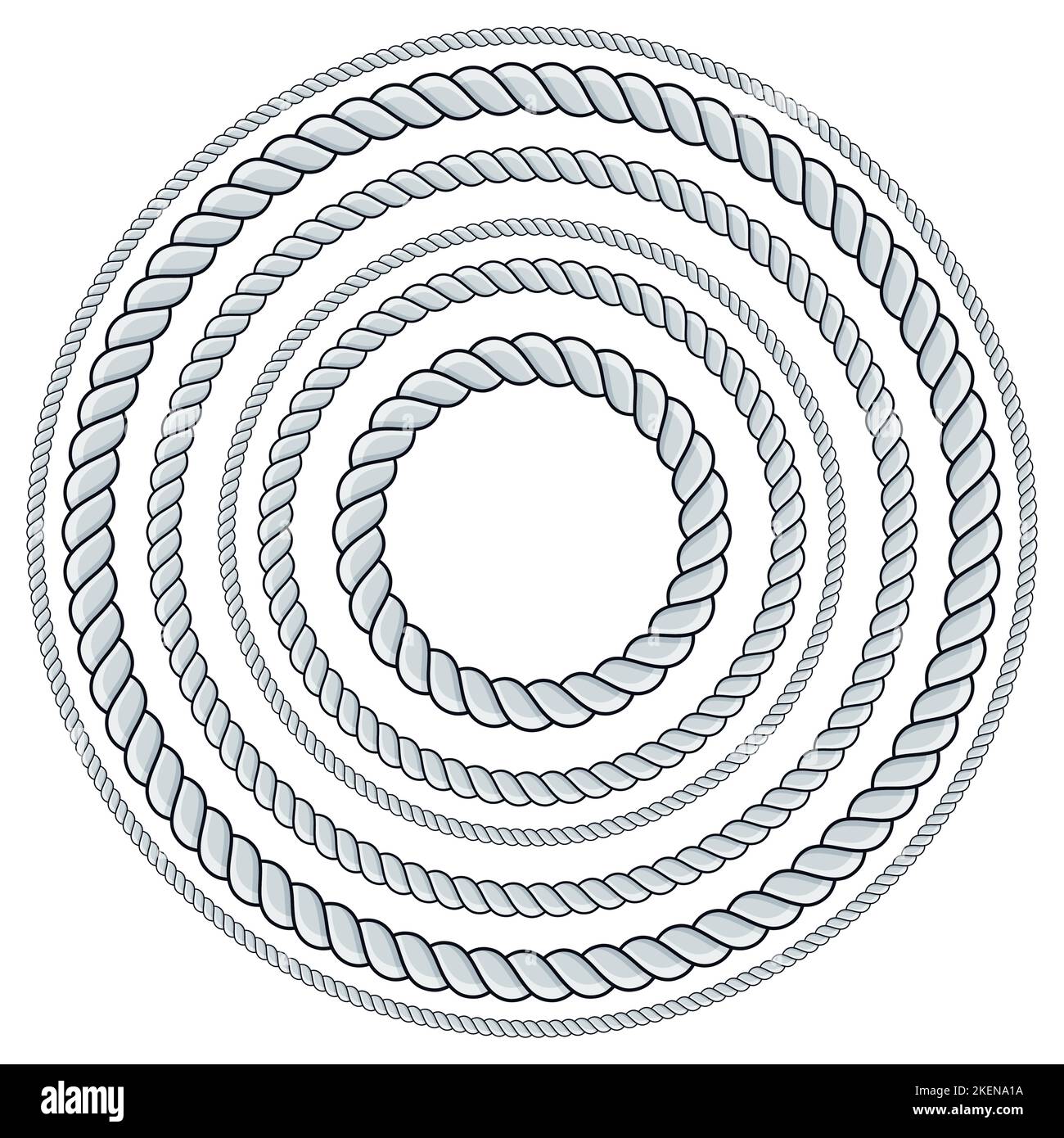 Set of round rope frames isolated on white background. Twisted cord ...