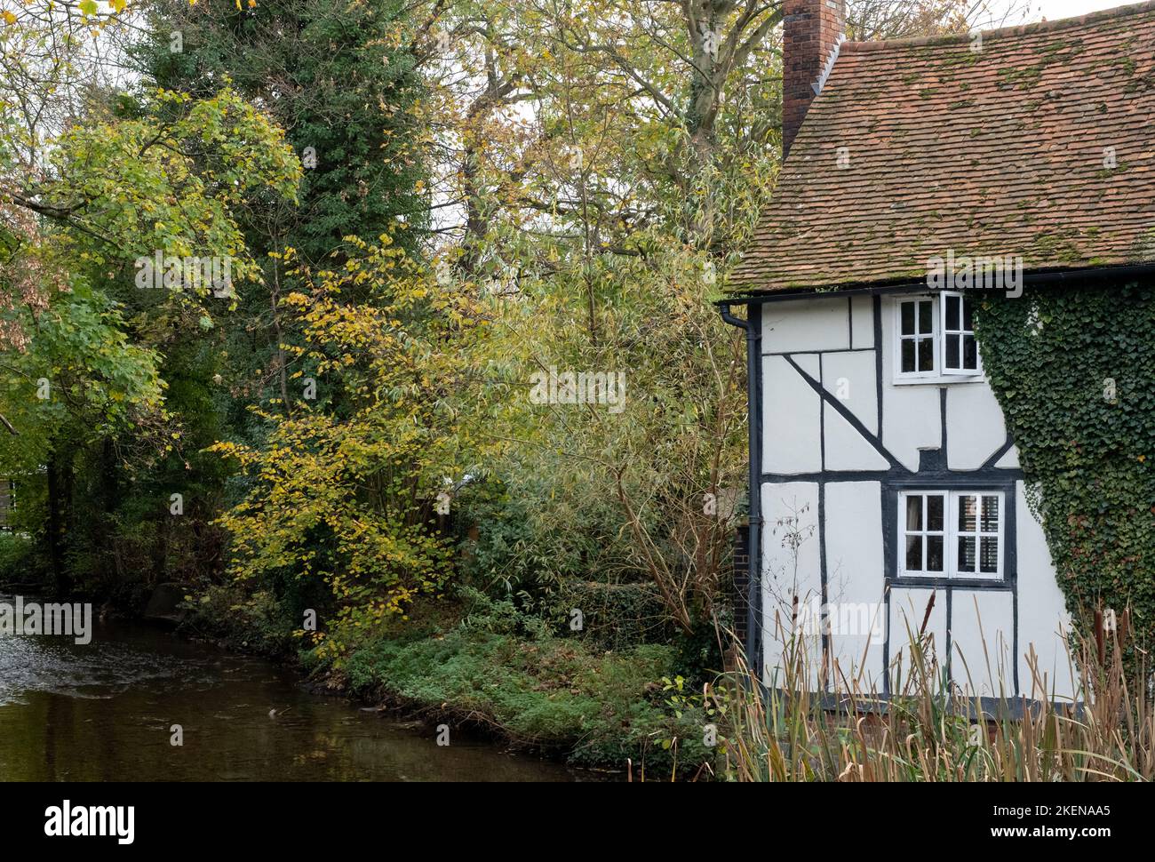 Old house overlooking River Lea in the historic English village of ...