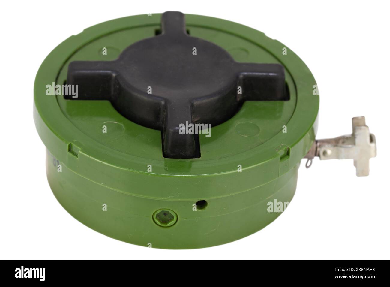 PMN-2 soviet, plastic bodied anti-personnel landmine. Isolated on white ...