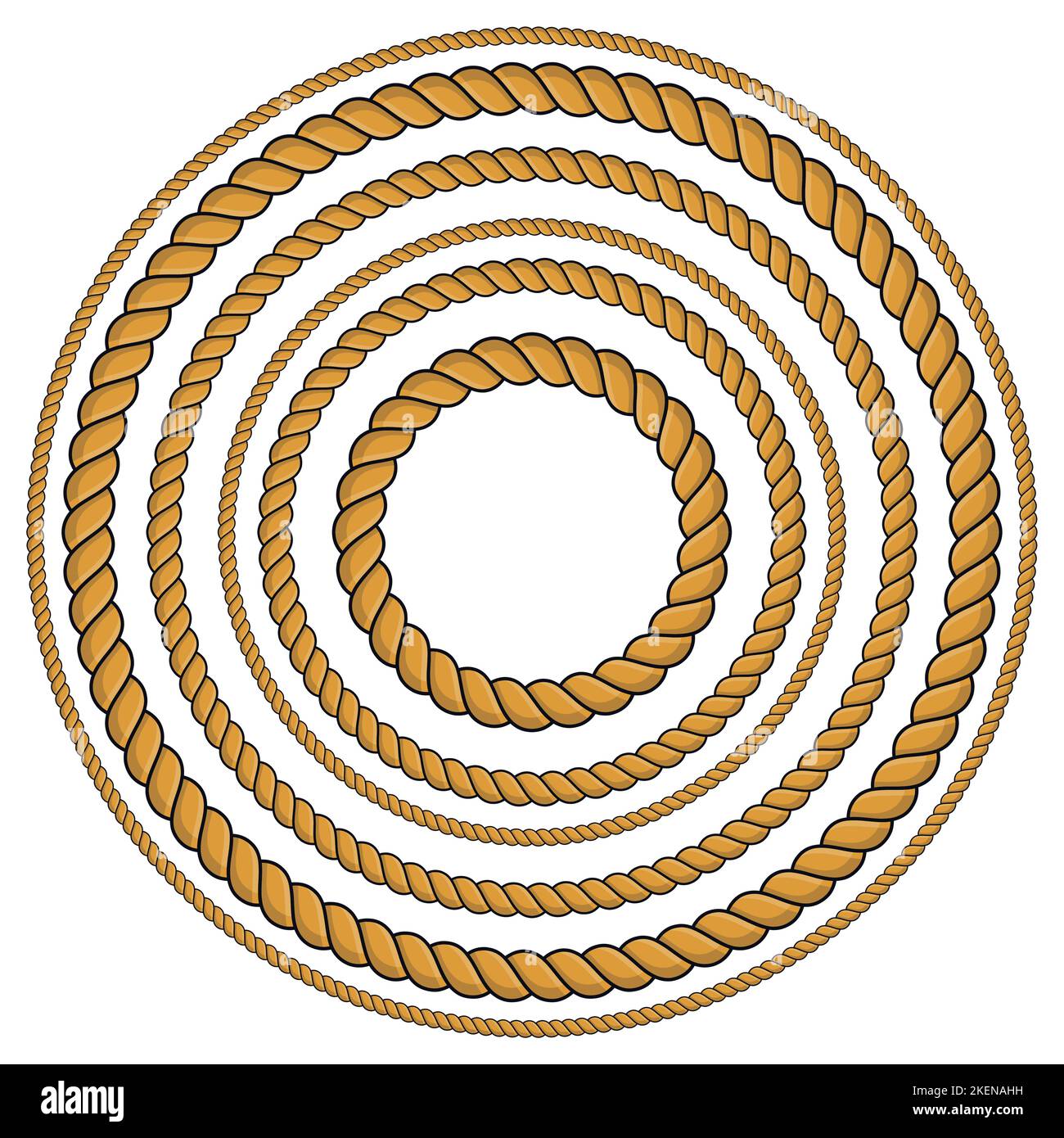 Set of round rope frames isolated on white background. Twisted cord ...