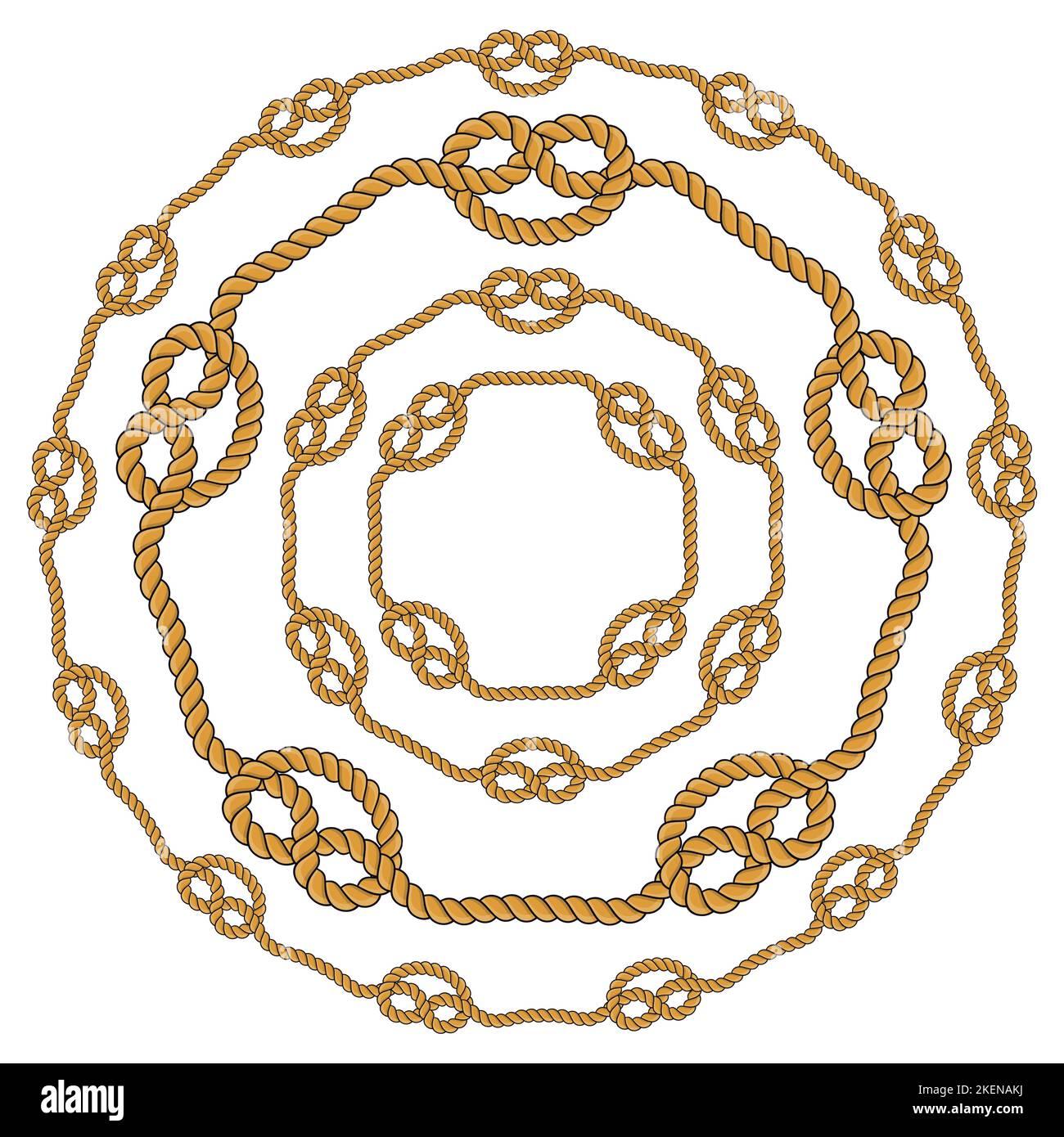 Set of round rope frames isolated on white background. Twisted cord ...
