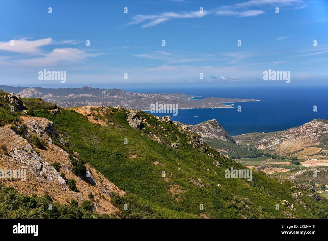Panorama from Col de Teghime, green hills and Mediterranean sea in the ...