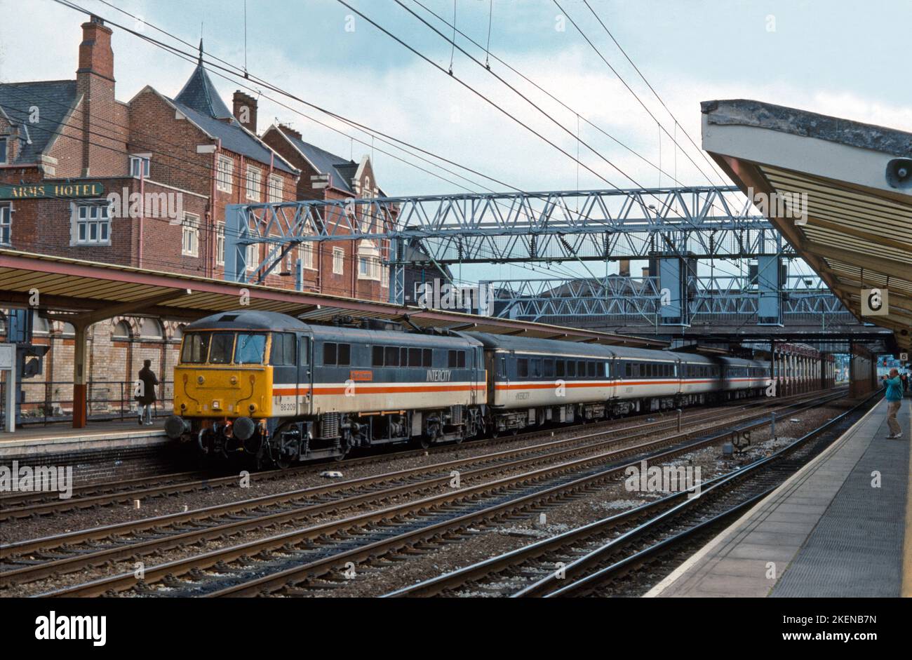 A Class 86 electric locomotive number 86209 at the rear of an Intercity ...