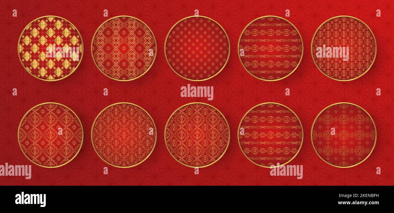 Red golden traditional chinese round pattern decor set Stock Vector ...