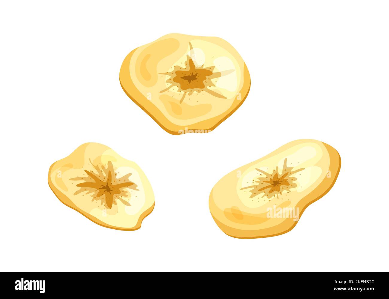 Banana chips dried fruit snack. Round isolated slices cartoon style on ...