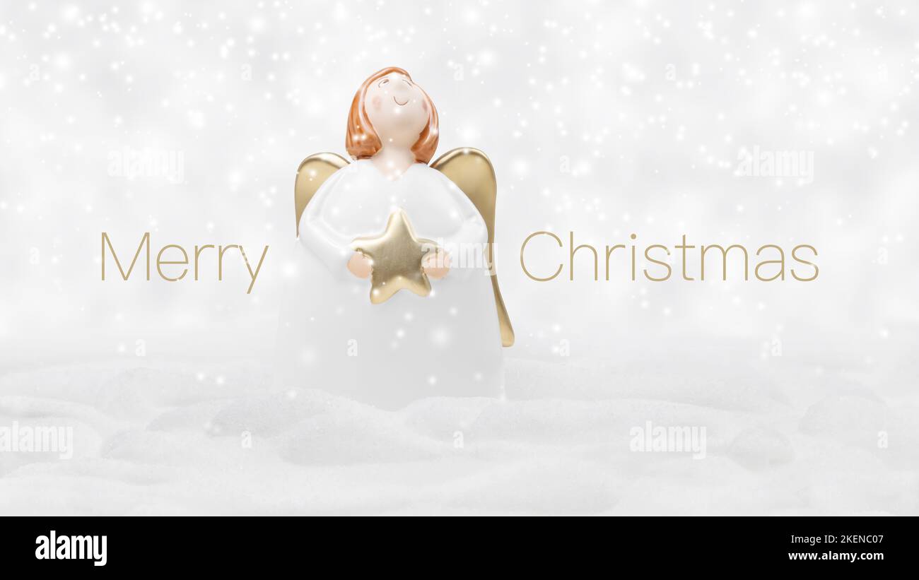Merry Christmas text on snowing background with angel with golden wings ...