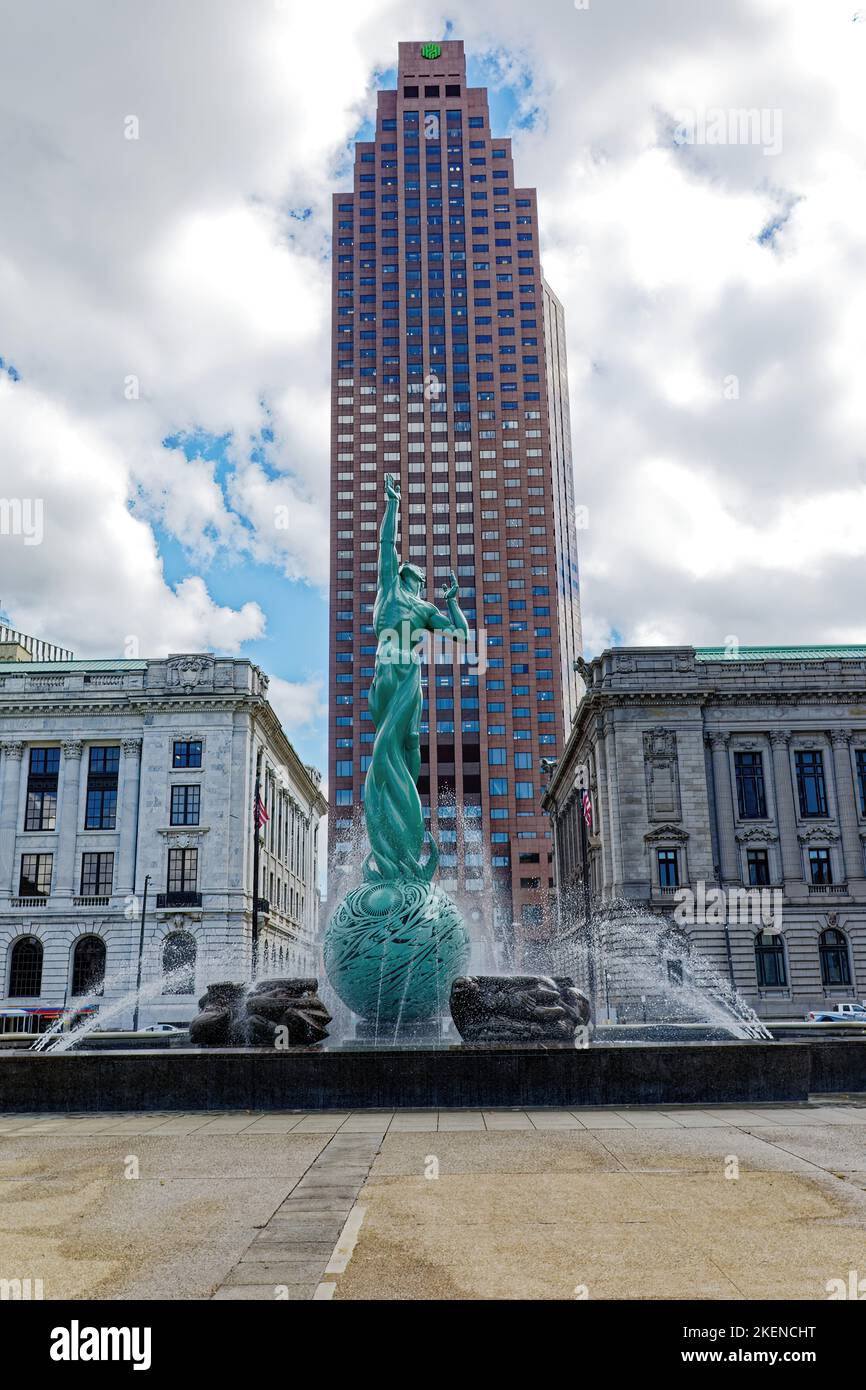 200 Public Square is the backdrop for Fountain of Eternal Life, flanked ...