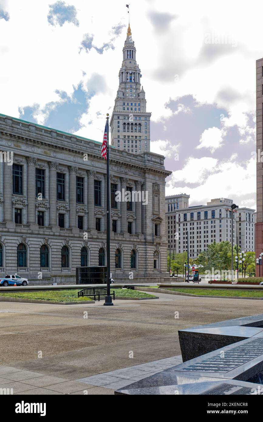 Viewed from Cleveland Mall, Tower City Center rises behind Howard M ...