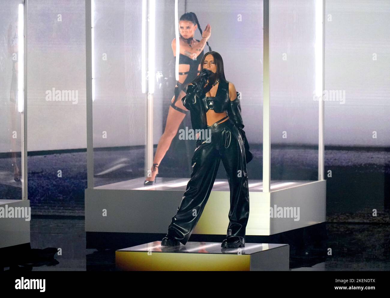 Tate McRae performs on stage at the MTV Europe Music Awards 2022 held ...