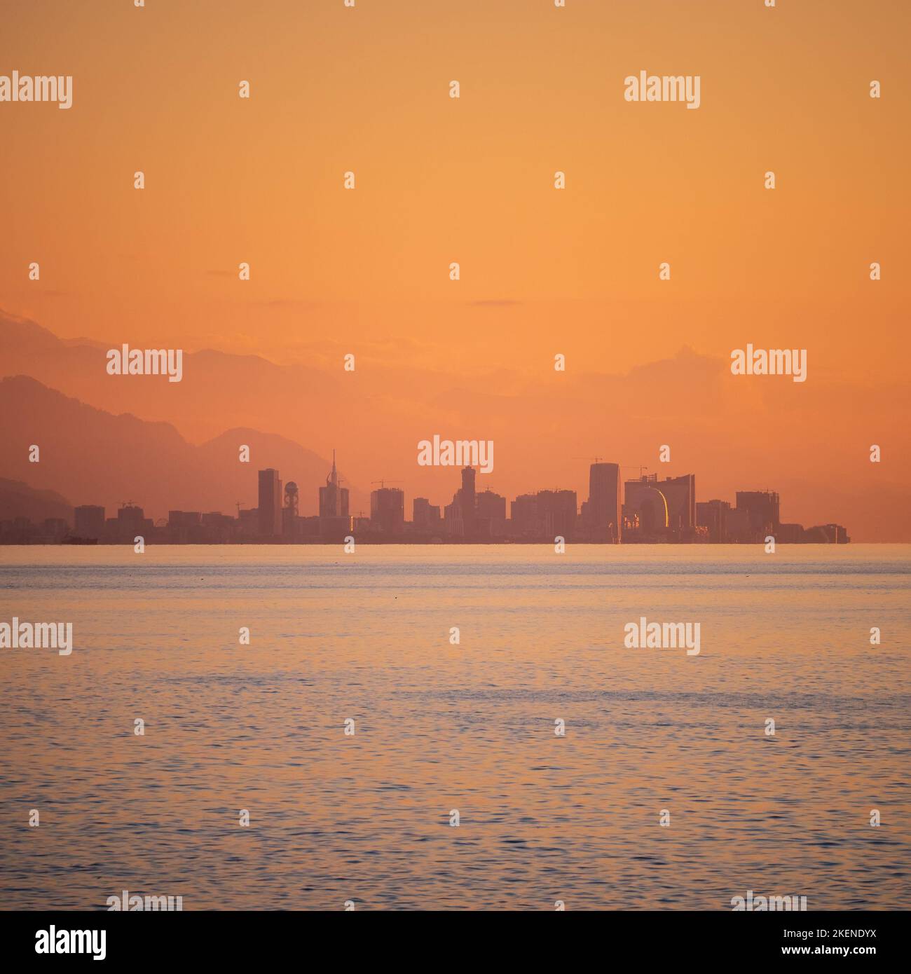 Panorama of Batumi, Adjara, Georgia at sunset. Silhouettes of tall ...