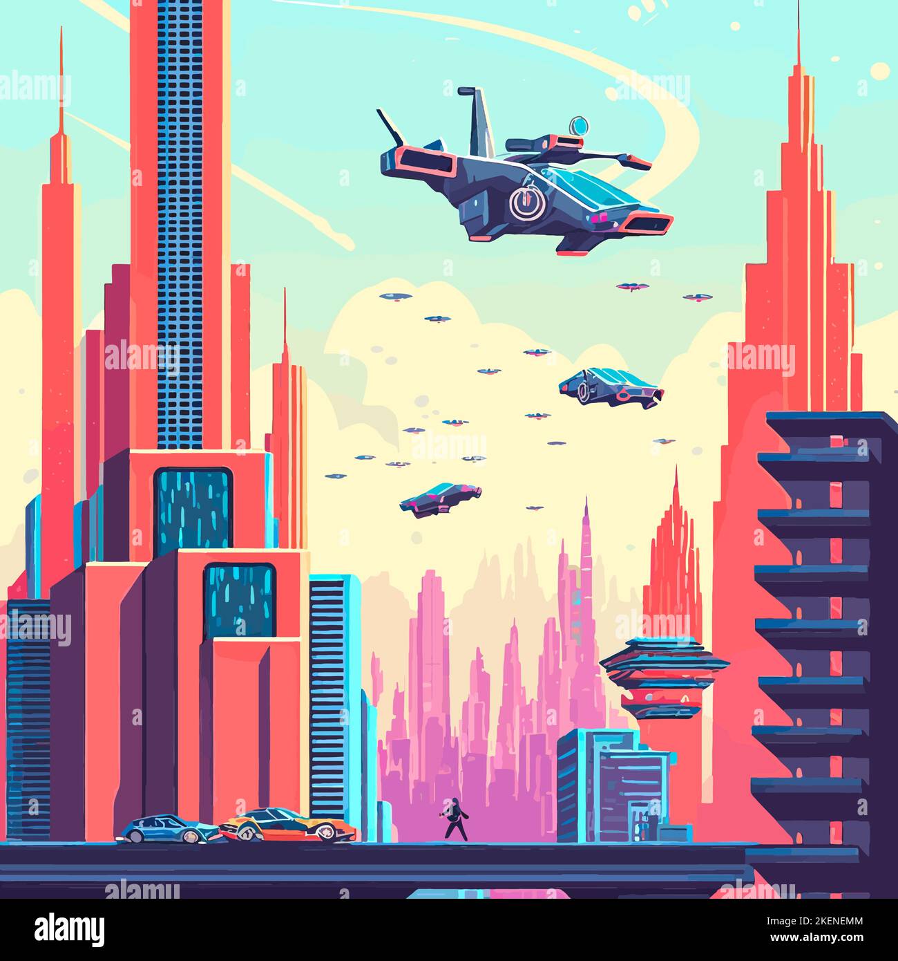 A view of a futuristic cyberpunk city with flying cars Stock Vector ...