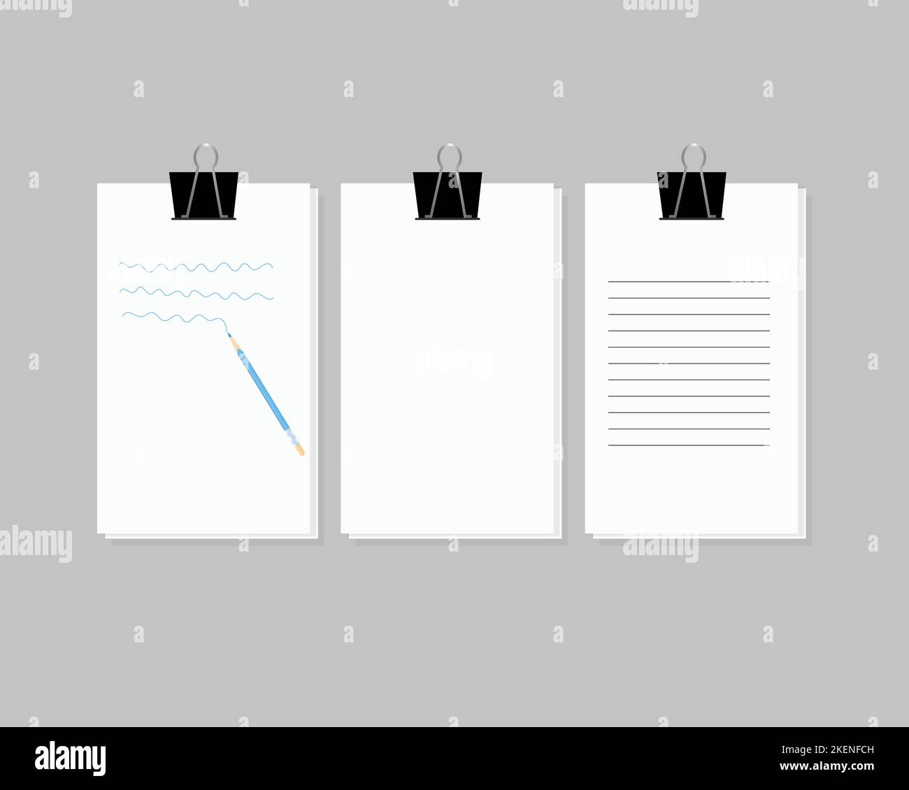 a set of paper for drawing and writing with a pencil and a paper clip ...