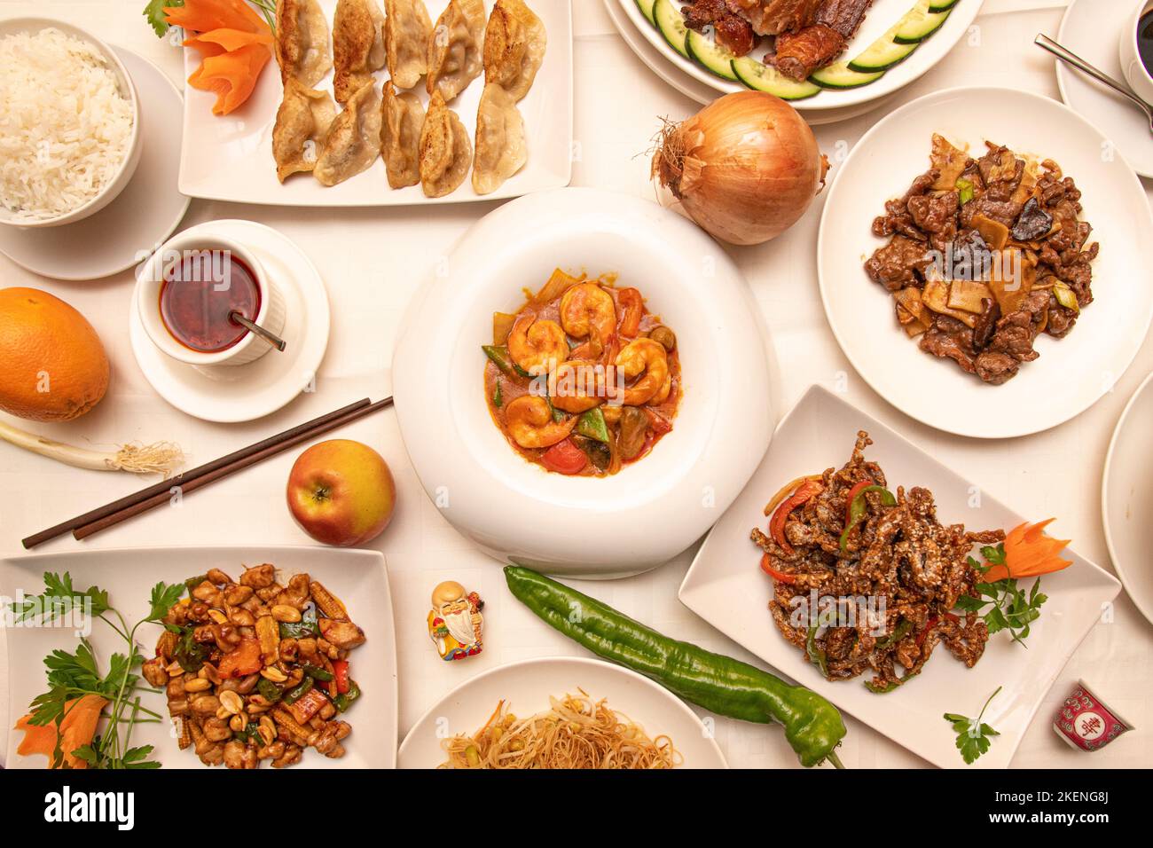 Set of asian cuisine dishes with orange duck, fried gyozas, wok stir ...