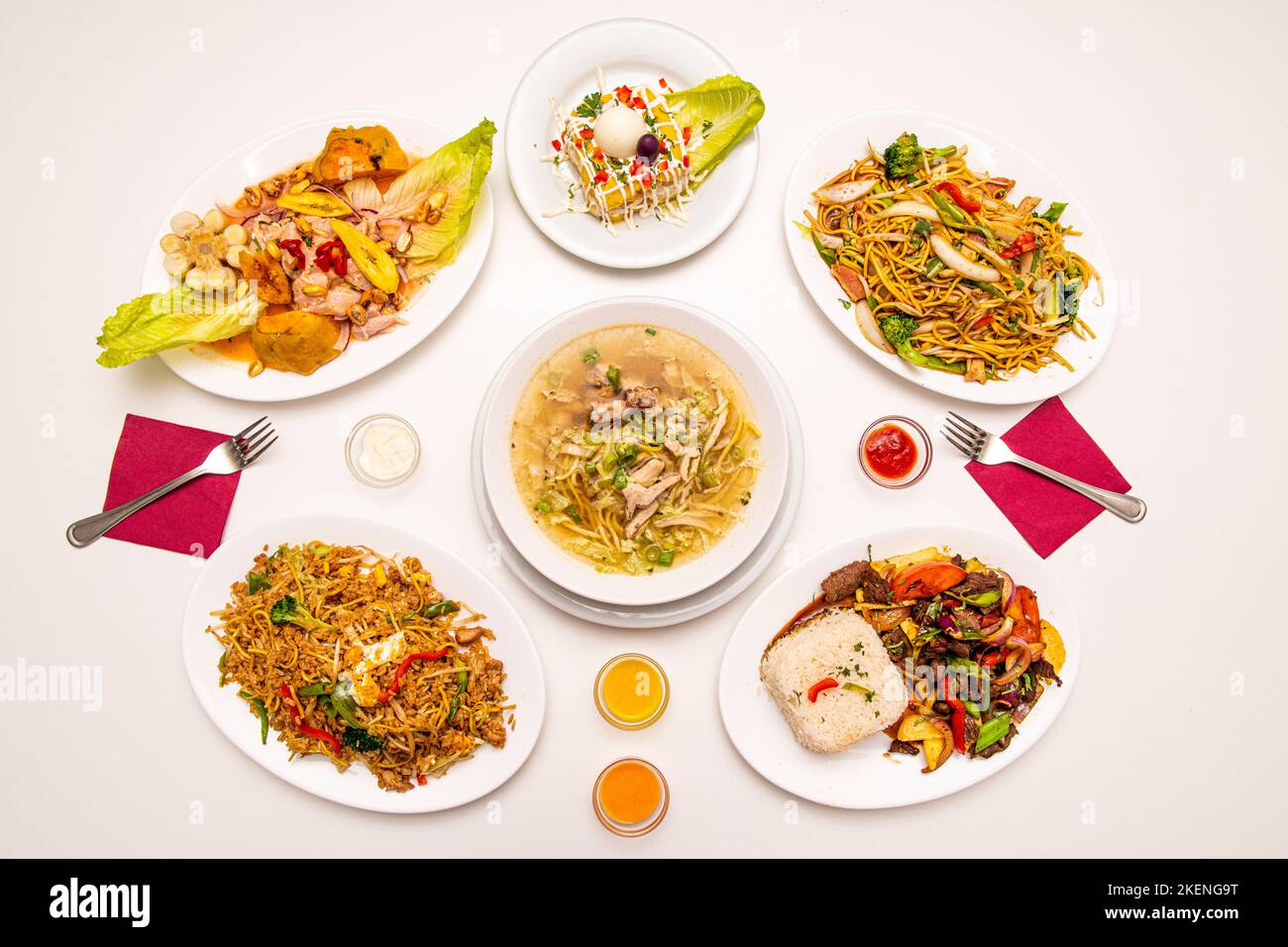 Selection of Peruvian food dishes with lomo saltado with rice, chicken ...
