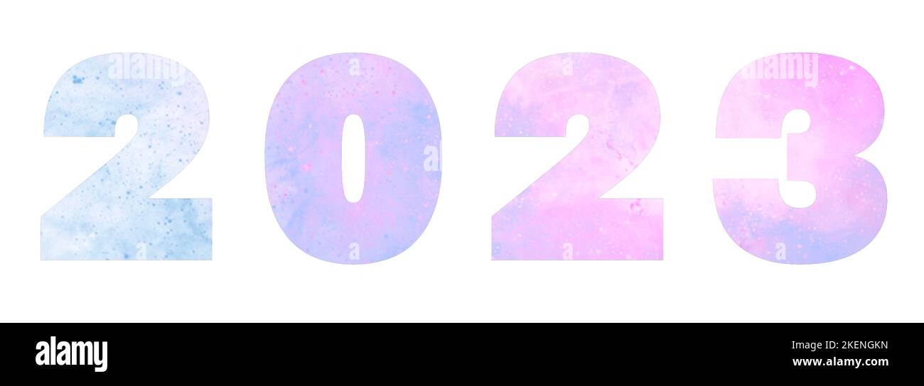 Lettering 2023 as a pink-blue abstract background on a white background ...