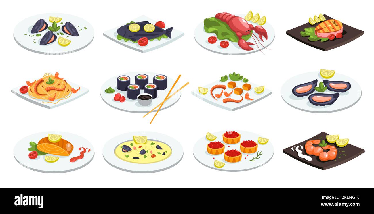 Seafood dishes. Festive fish meal asian japanese chinese traditional ...