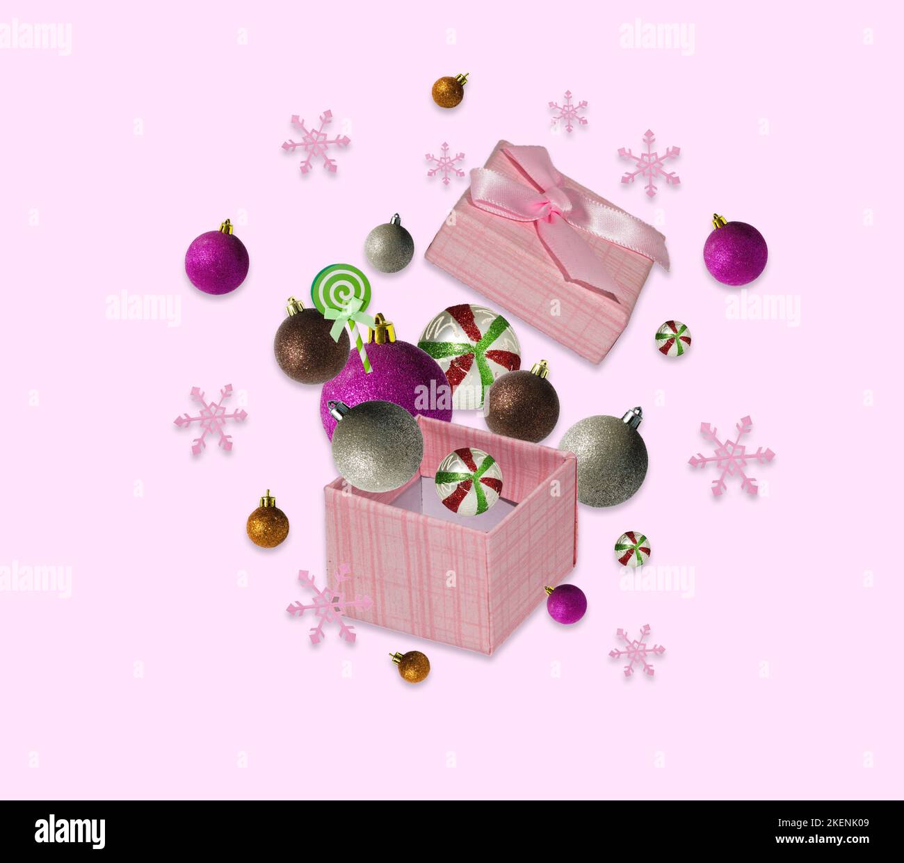 open pink packages with decorations, decorations and around the open ...