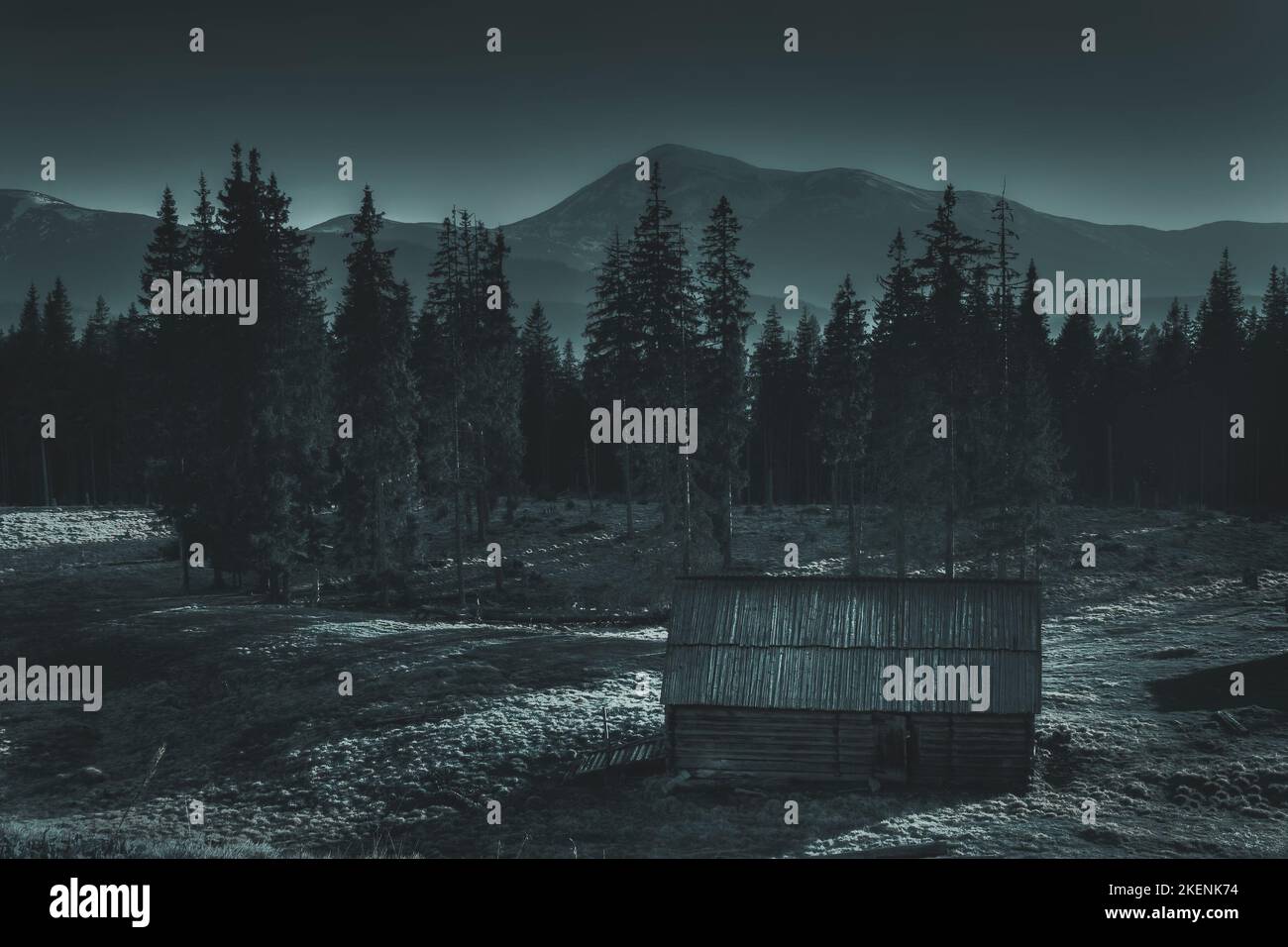 Old house in the mountains near thick forest, horror Stock Photo - Alamy