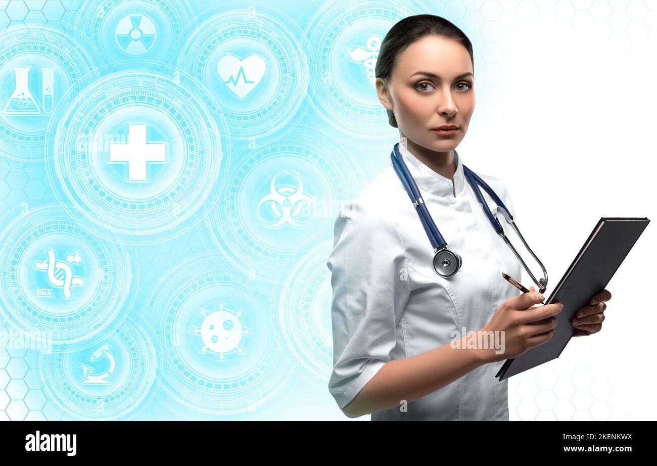 Woman doctor on cyan, blue and white futuristic background with ...