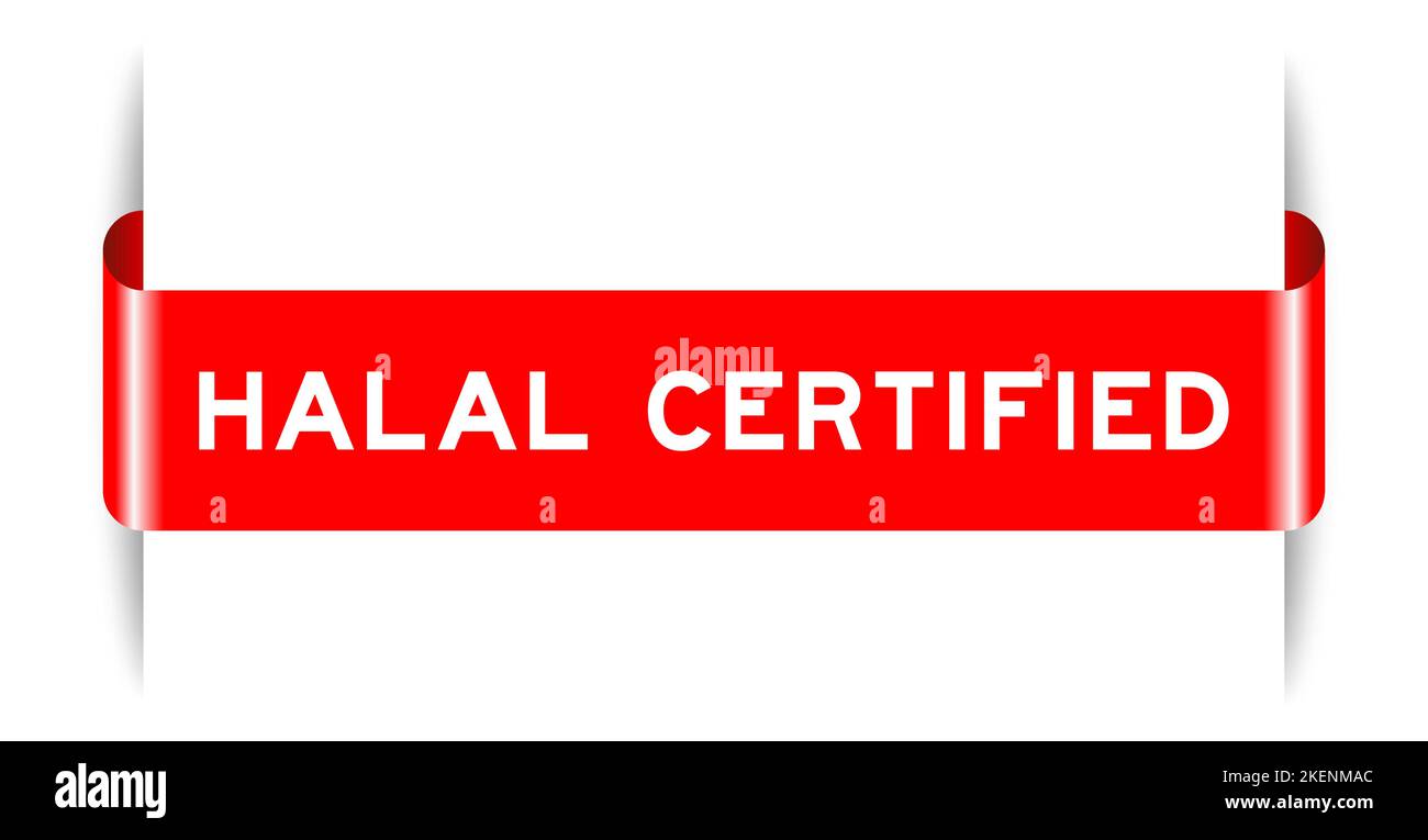 Red color inserted label banner with word halal certified on white ...