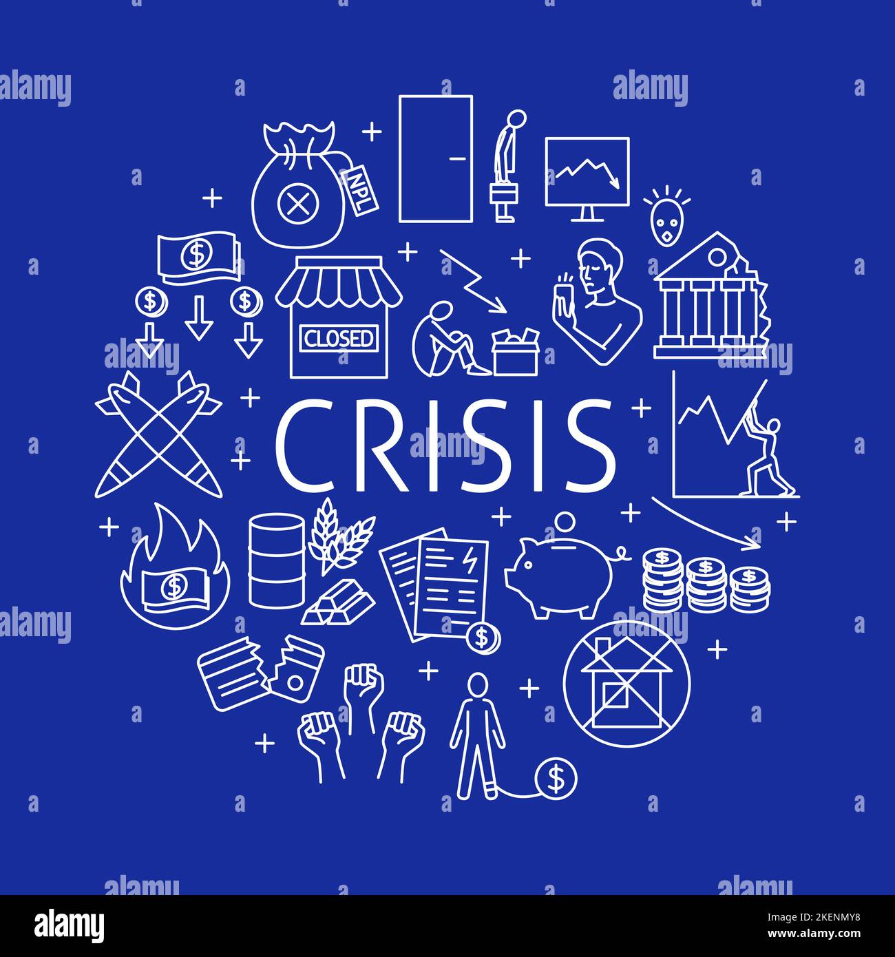 Economic and financial crisis poster in line style. Vector illustration ...