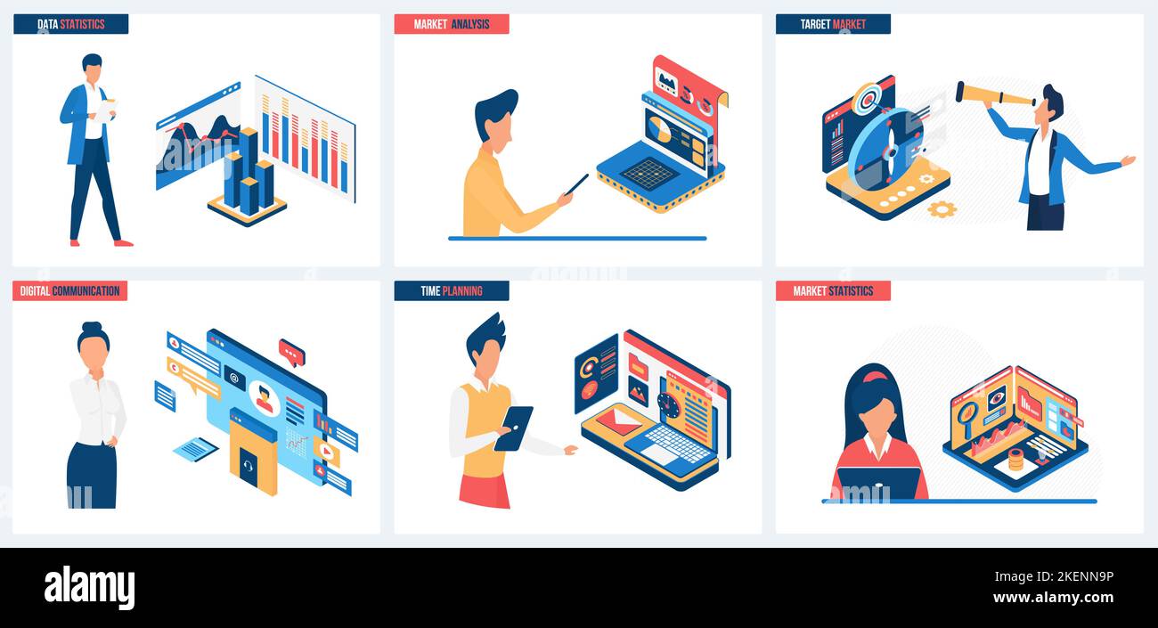 Statistics, market analysis, time management and business planning set ...