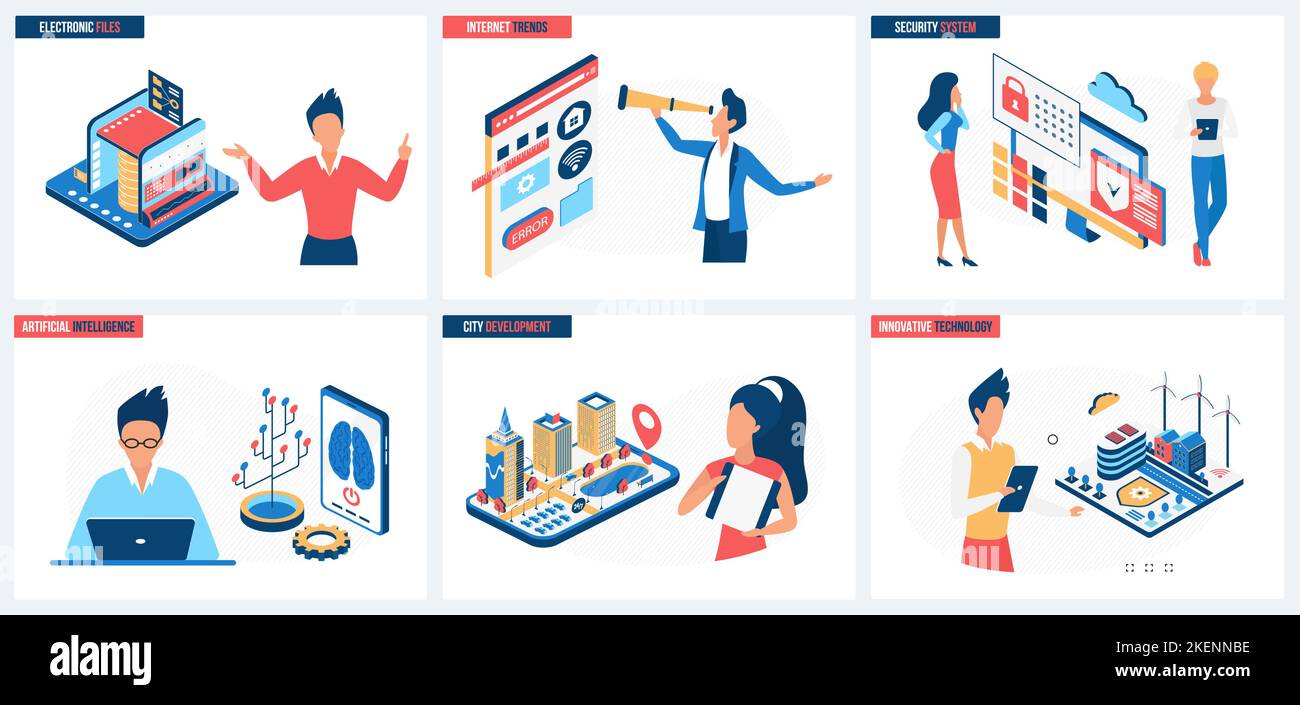 Artificial intelligence and city security systems, development of Internet trends set vector ...