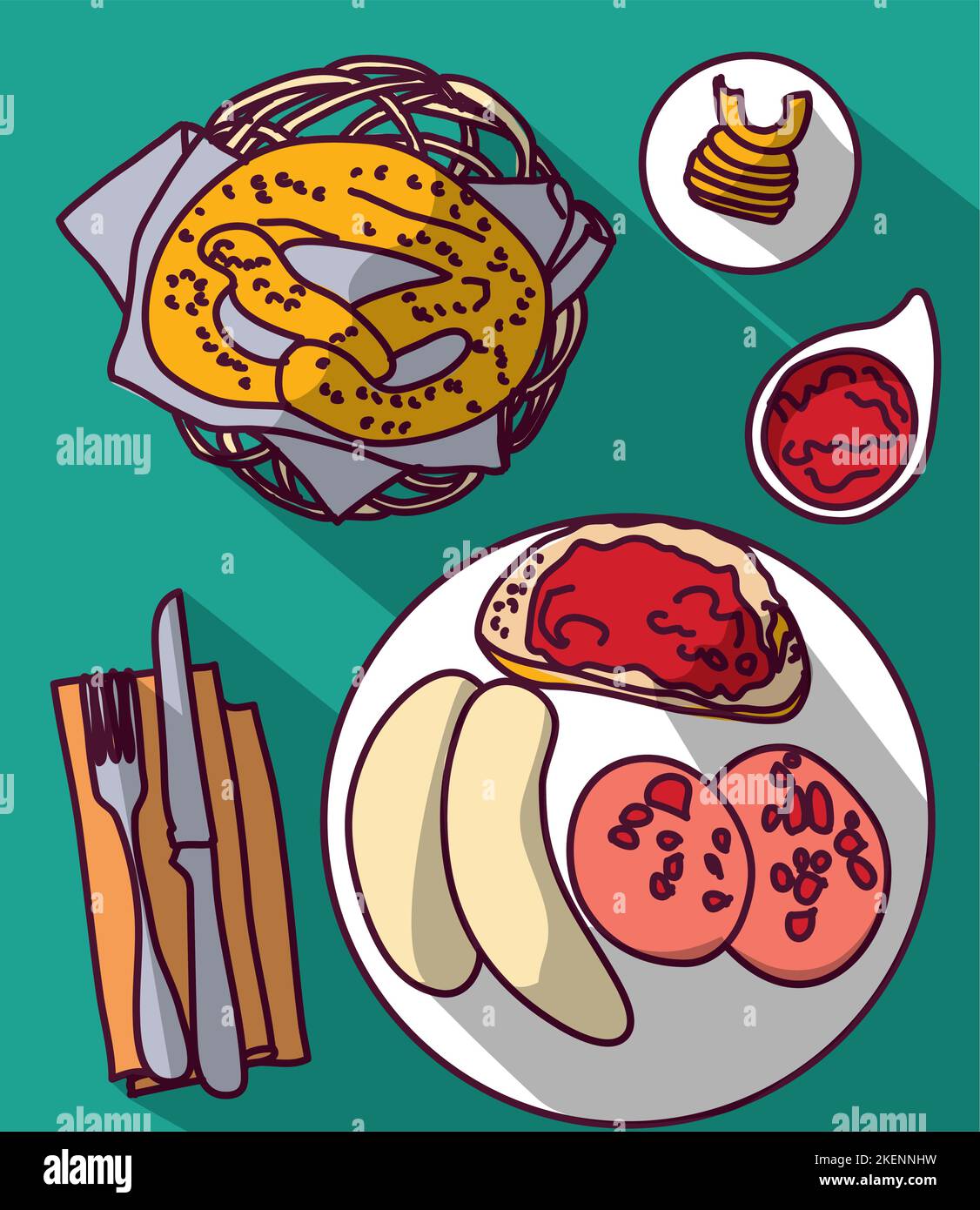 German food Bread bun jam ham cheese Pretzels white sausage. Color ...