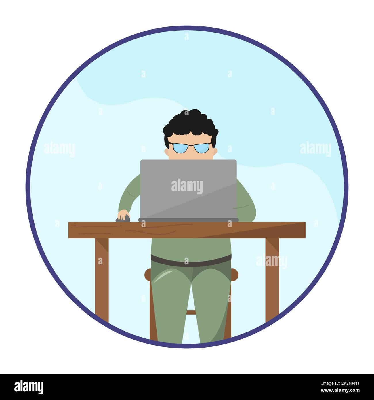 Business man and laptop. Work at the computer. Vector illustration in ...