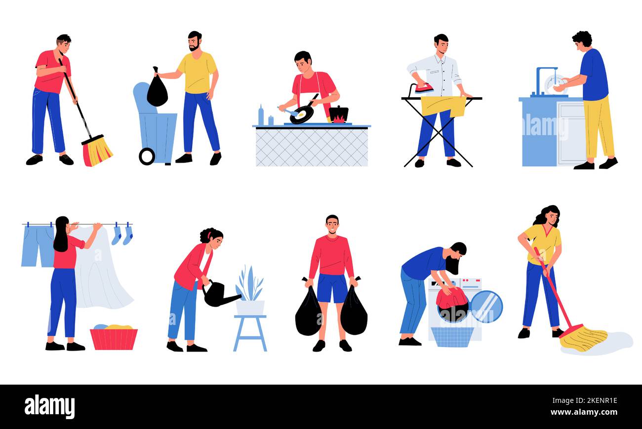 People doing housework. Men woman characters cooking dishes watering ...