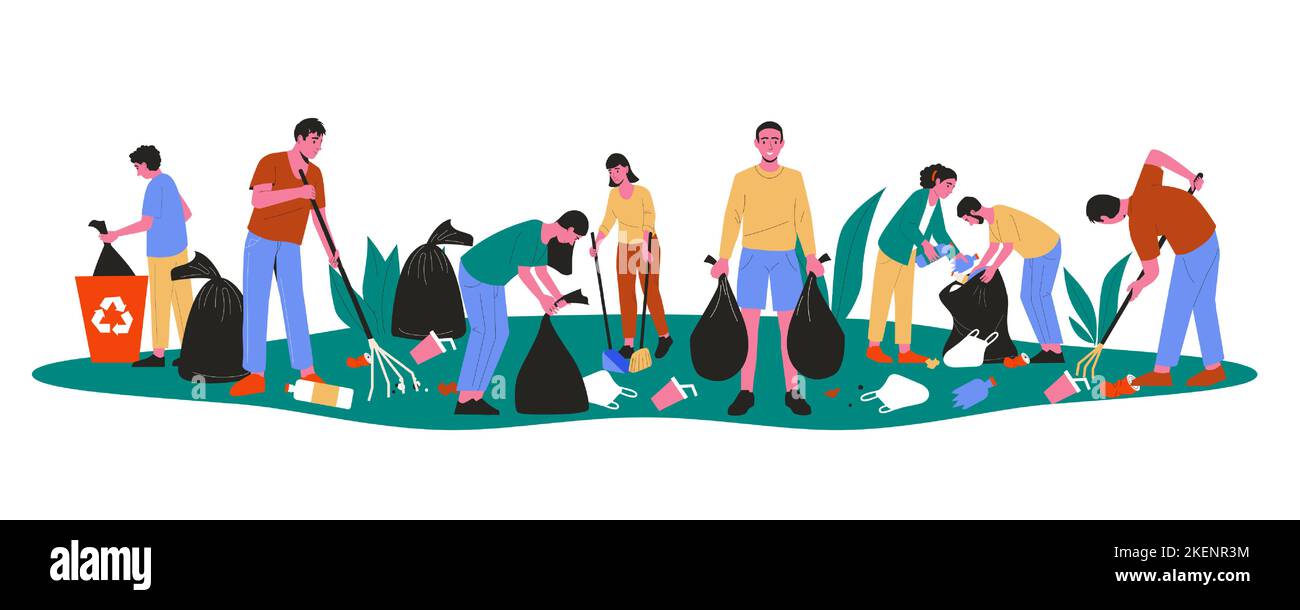 Volunteers cleaning up parks. Cartoon people characters collecting ...