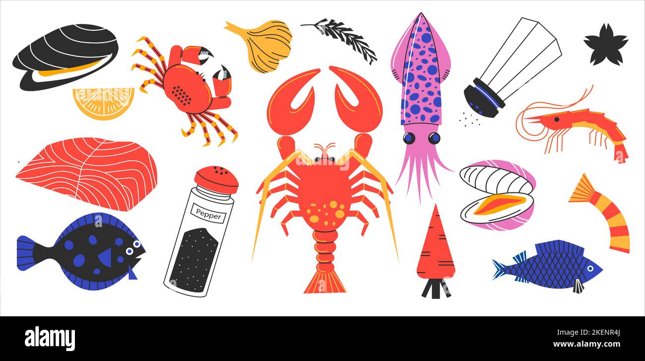 Abstract seafood. Fish shellfish product ingredients caviar salmon ...