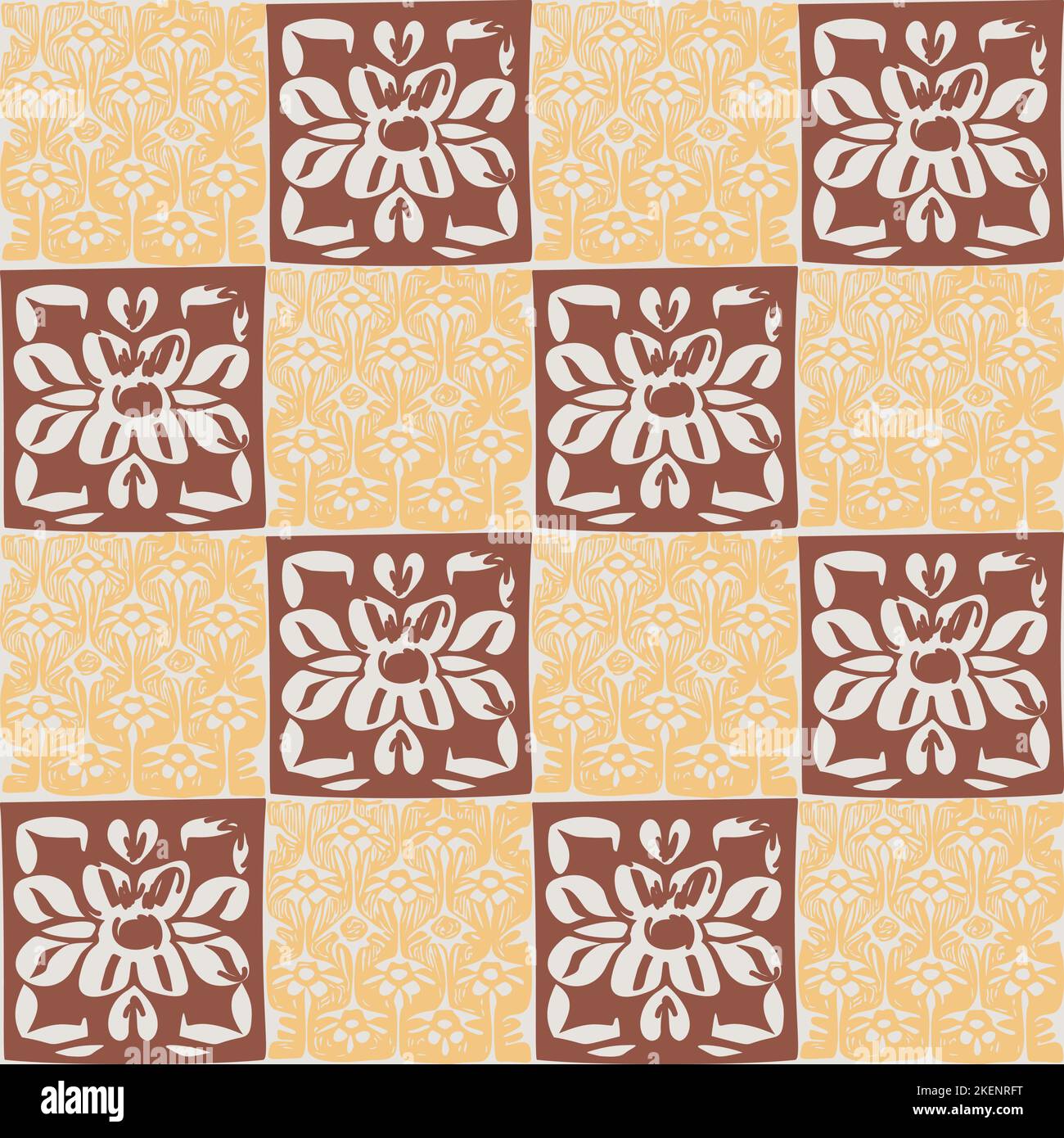 Hand drawn retro block print seamless pattern. Vector 80s vintage ...