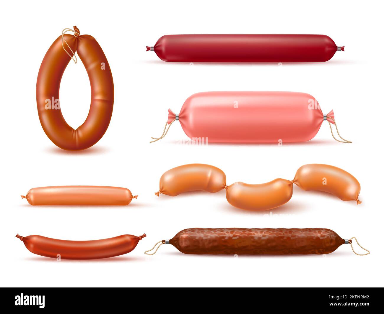 Realistic sausages. Meat products, boiled and smoked delicacies ...