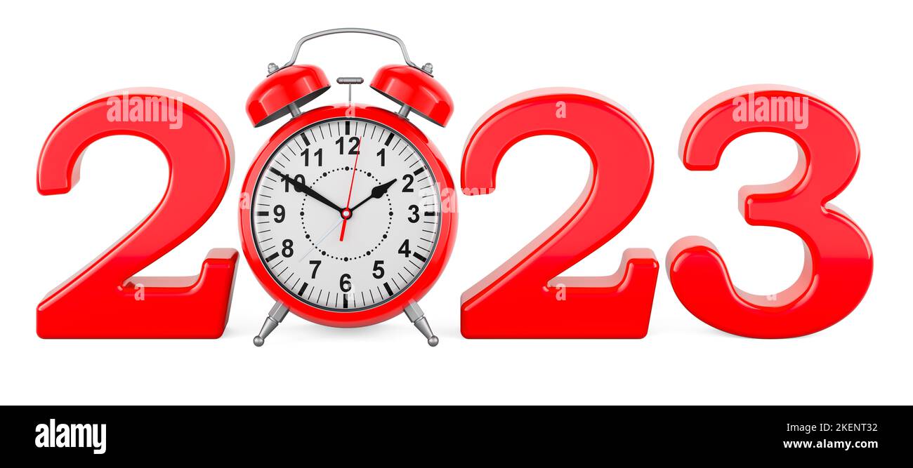 2023 concept with alarm clock, 3D rendering isolated on white ...