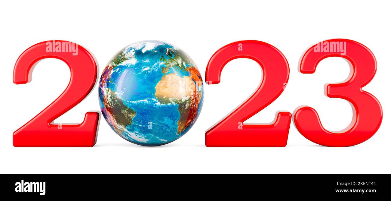 New Year 2023 with Earth Globe concept, 3D rendering isolated on white ...