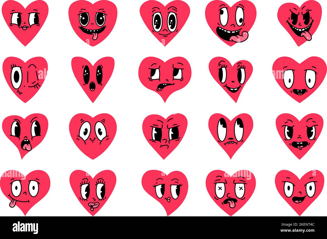 Cartoon emotional faces red hearts. Cute mascot heart, vintage emotions ...