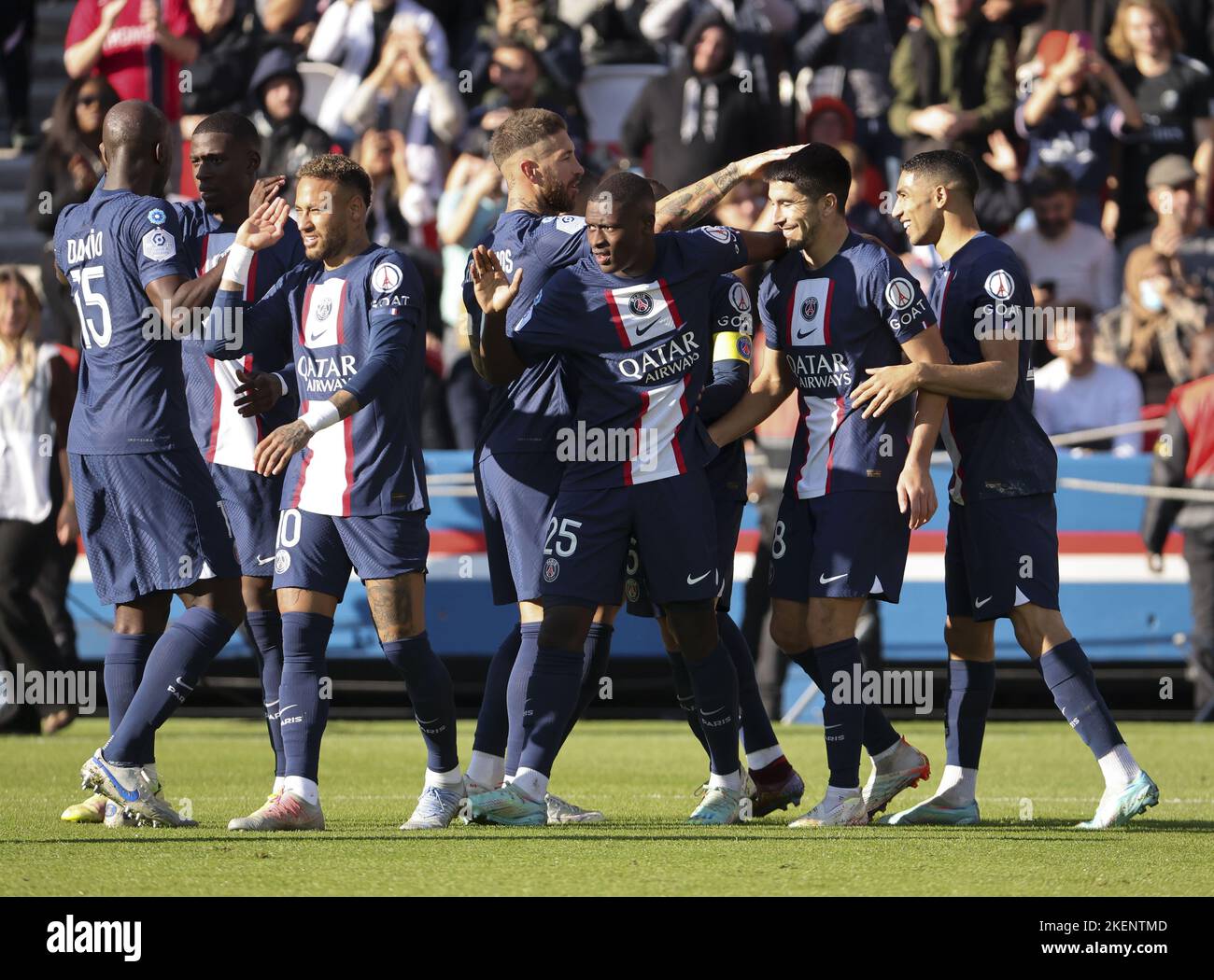 Carlos Soler of PSG celebrates his goal with teammates during the ...