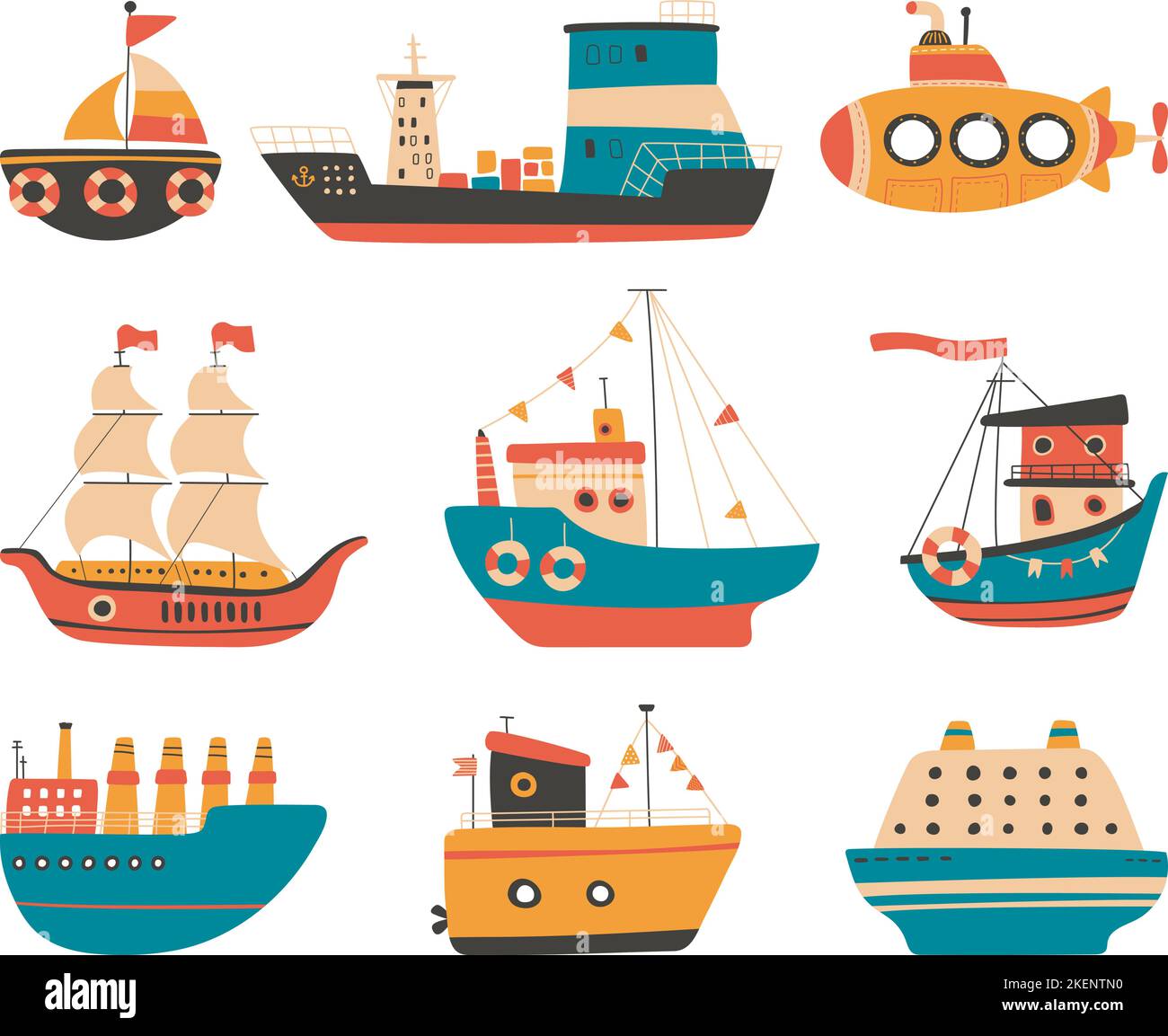 Doodle scandinavian style childish ship. Sailboat and submarine ...