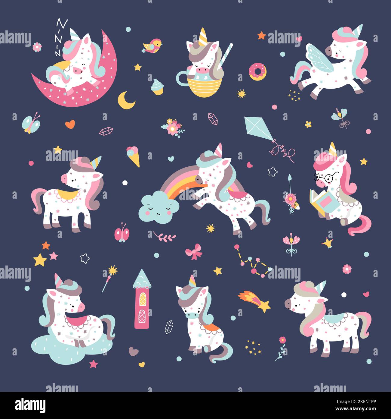 Cute cartoon unicorns on rainbow. Unicorn flat comic baby stickers ...